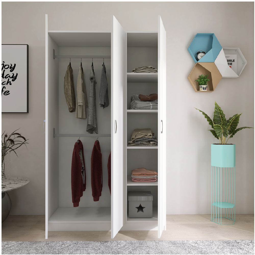 Dulap Alb cu 3 Usi, 4 polite de Depozitare si Bara de Haine, 200X120x50 cm, Pal 18mm - eMAG.ro