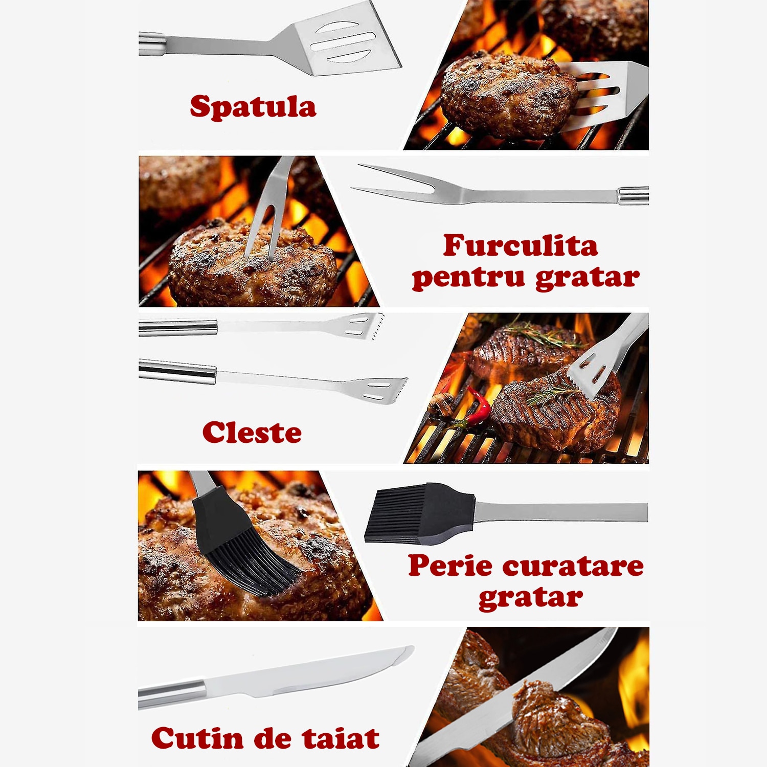 Set 5 Ustensile Gratar Otel Inoxidabil, BYONDSELF®, Cu Cutie de ...