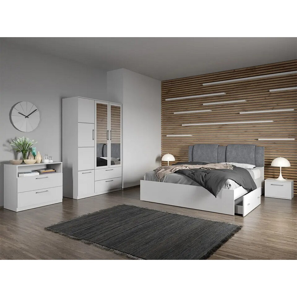 Set dormitor complet, Alb cu comoda, Acapulco, C4, Pat 2 sertare, Dulap ...