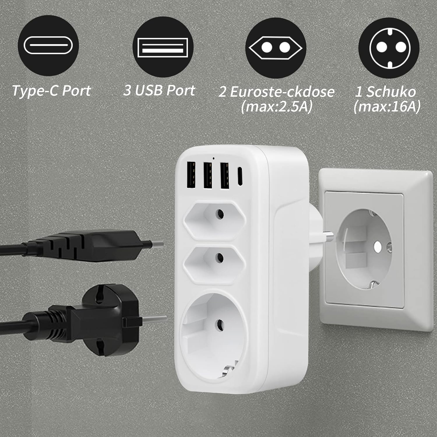 Priza multipla cu 3 iesiri USB si 1 type C, alb - eMAG.ro