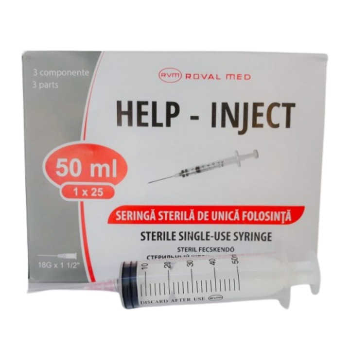 Seringi sterile de unica folosinta Help Inject 50 ml 18 G x 1 1/2, 25 ...