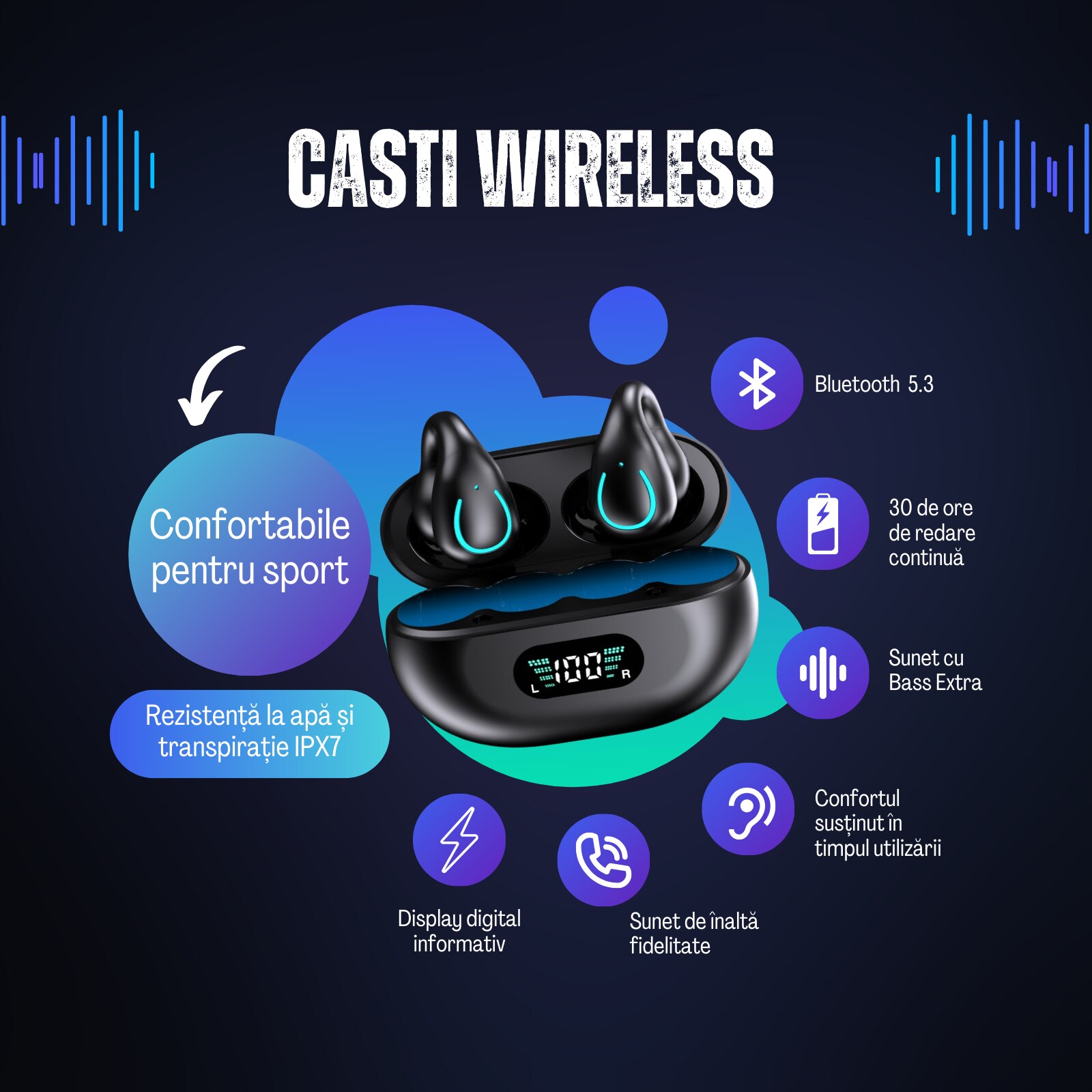 Casti fara fir, Bluetooth 5.3, Anulare zgomot, Negru - eMAG.ro