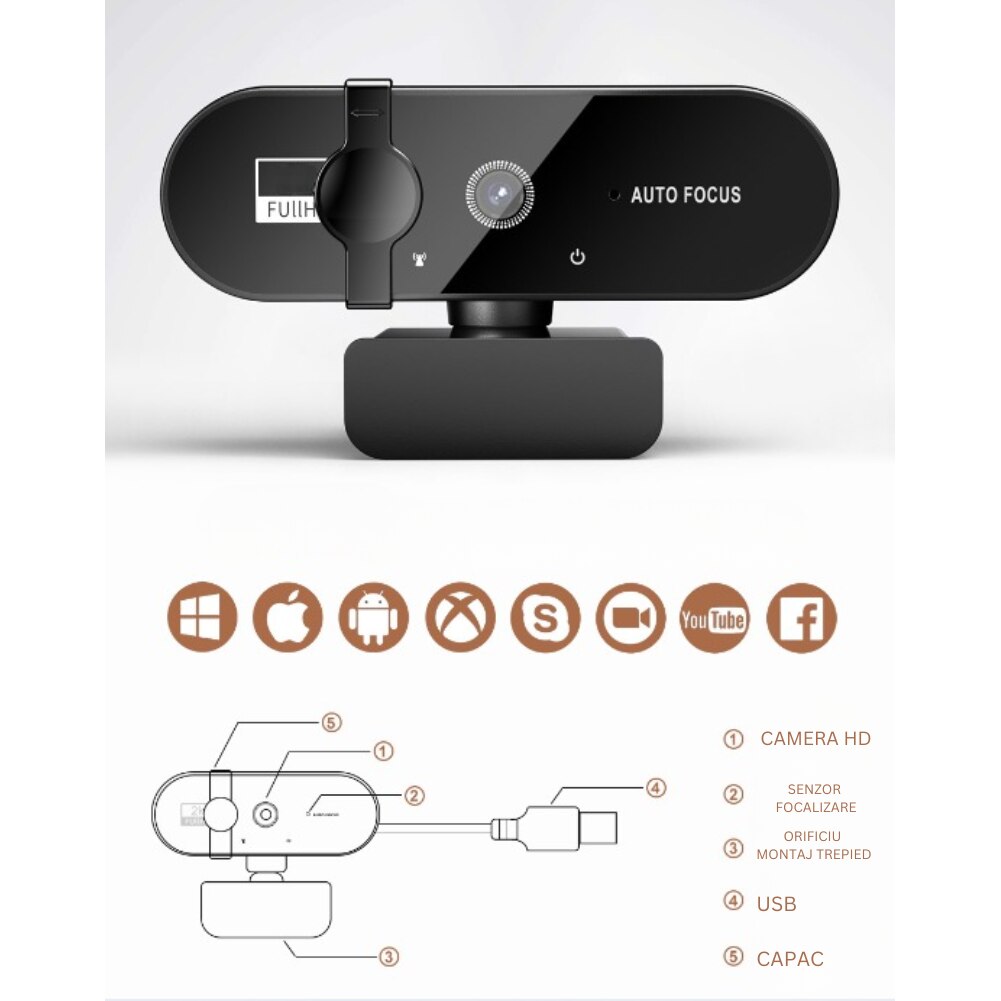 Camera Web Full HD 4K, Plug and Play, Autofocus, 60fps, Antishake ...