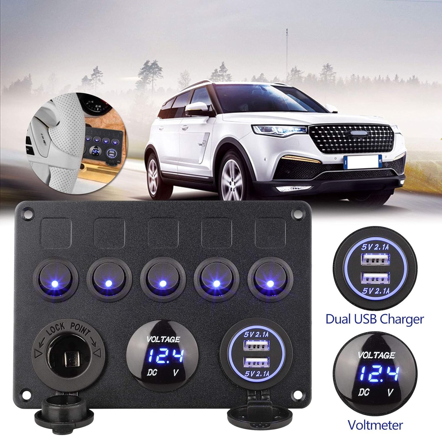 Panou comutator auto pentru incorporare cu 5 butoane 12V-24V 2 buc USB ...