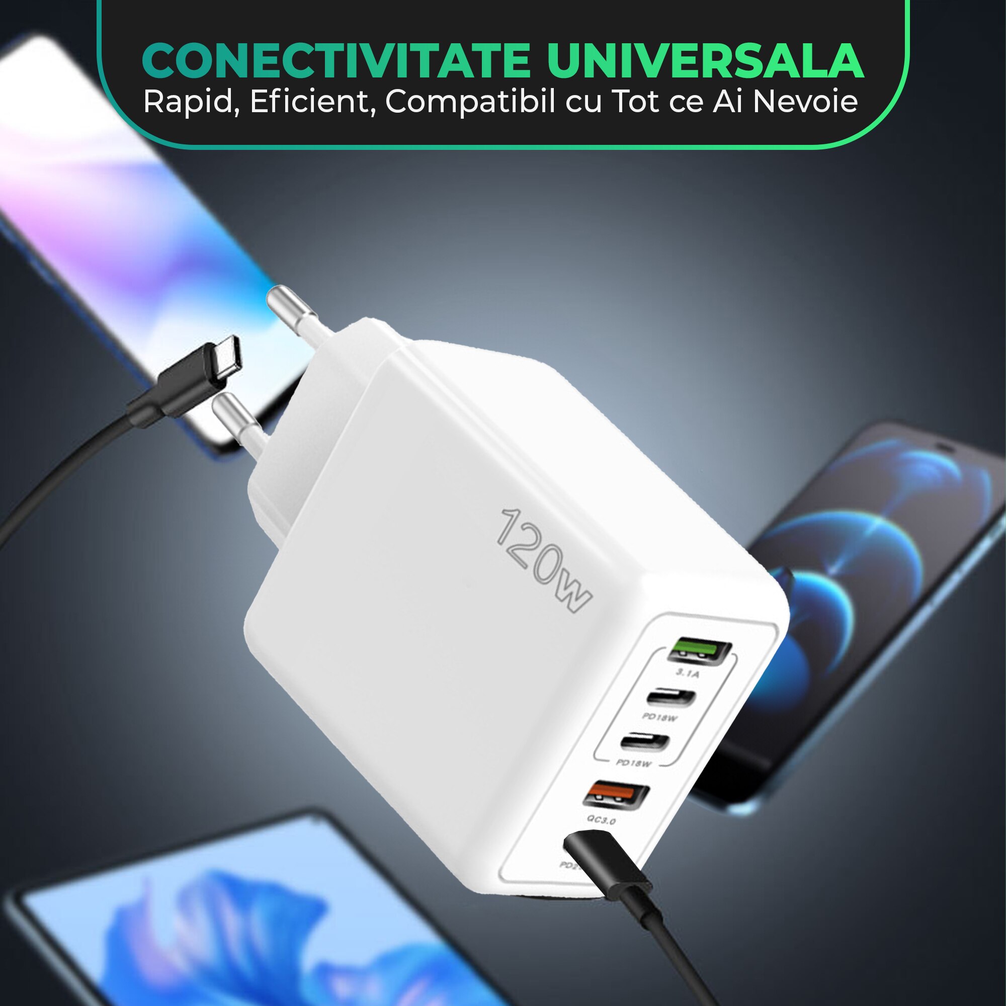 Incarcator Retea Timebox, 5 Porturi, 120W Fast Charge, 3 x Type-C, 2 x ...