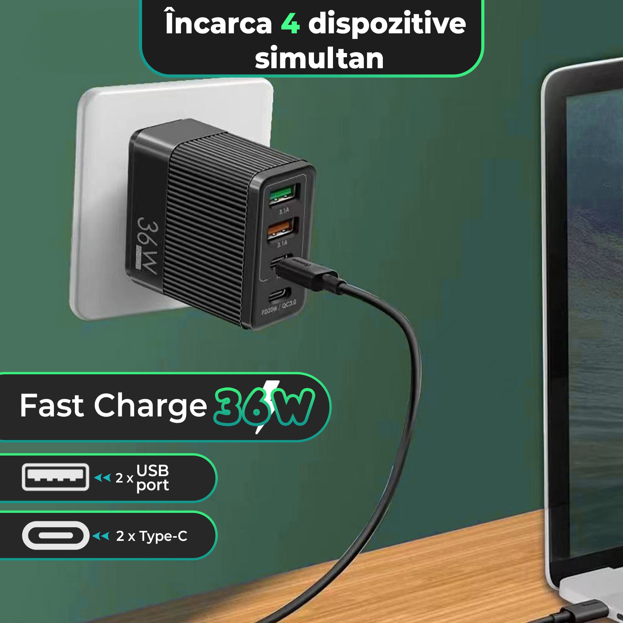 Incarcator Retea Timebox, 4 Porturi, 36W Fast Charge, 2 x Type-C, 2 x ...