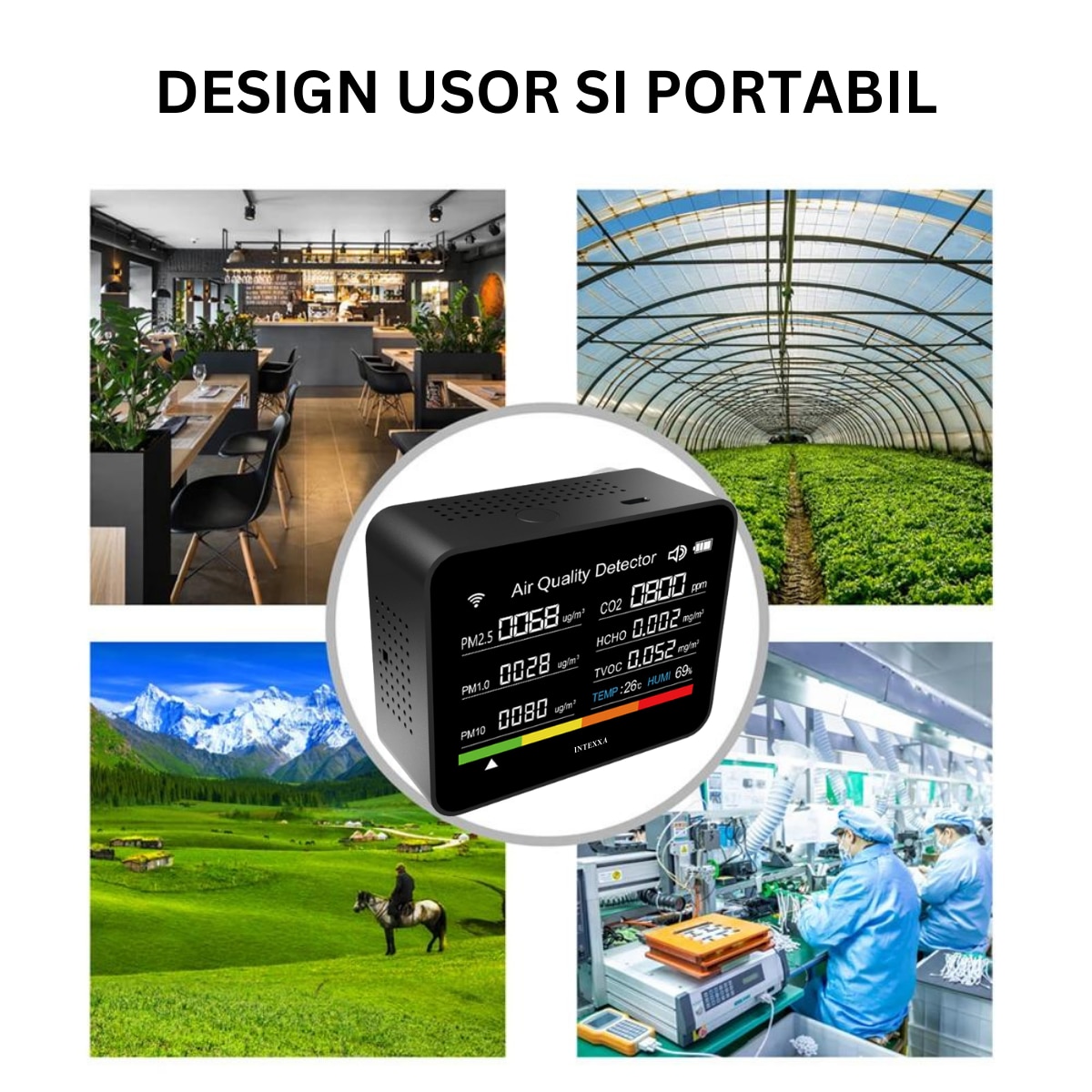 Monitor Calitate Aer Premium INTEXXA®, 13 in 1 functii, Portabil, Detector CO2 dioxid de carbon ...