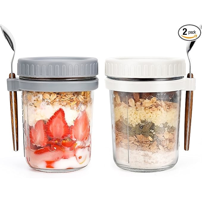 Set 2 borcane pentru ovaz peste noapte, KitsKap, Sticla/Plastic, Alb ...