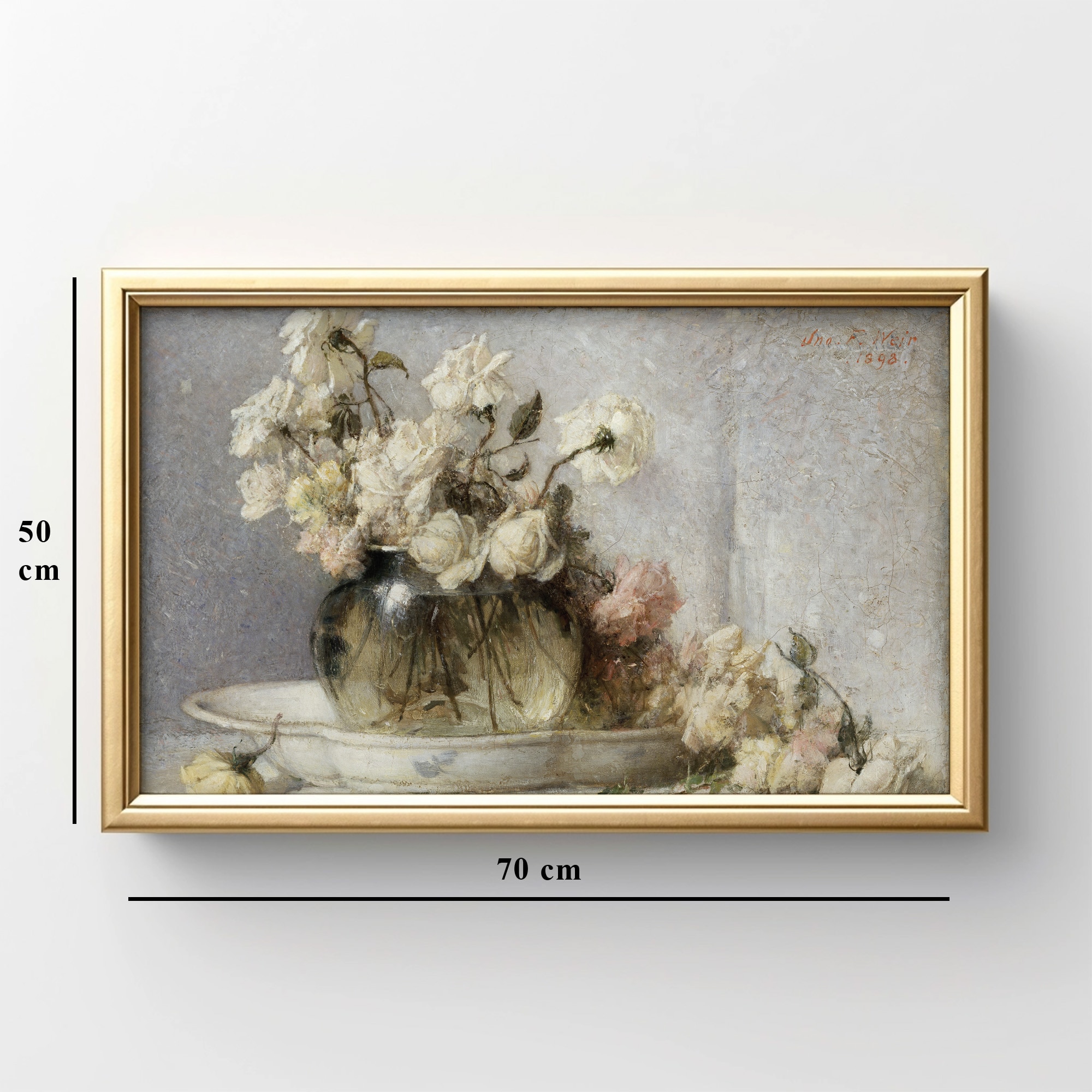 Tablou Original Rama Aurie, Pictat Manual 1898, Vaza cu Trandafiri ...