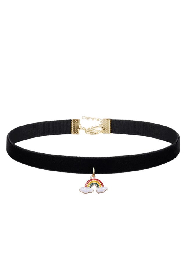 Colier choker din panglica de catifea neagra si medalion curcubeu cu ...