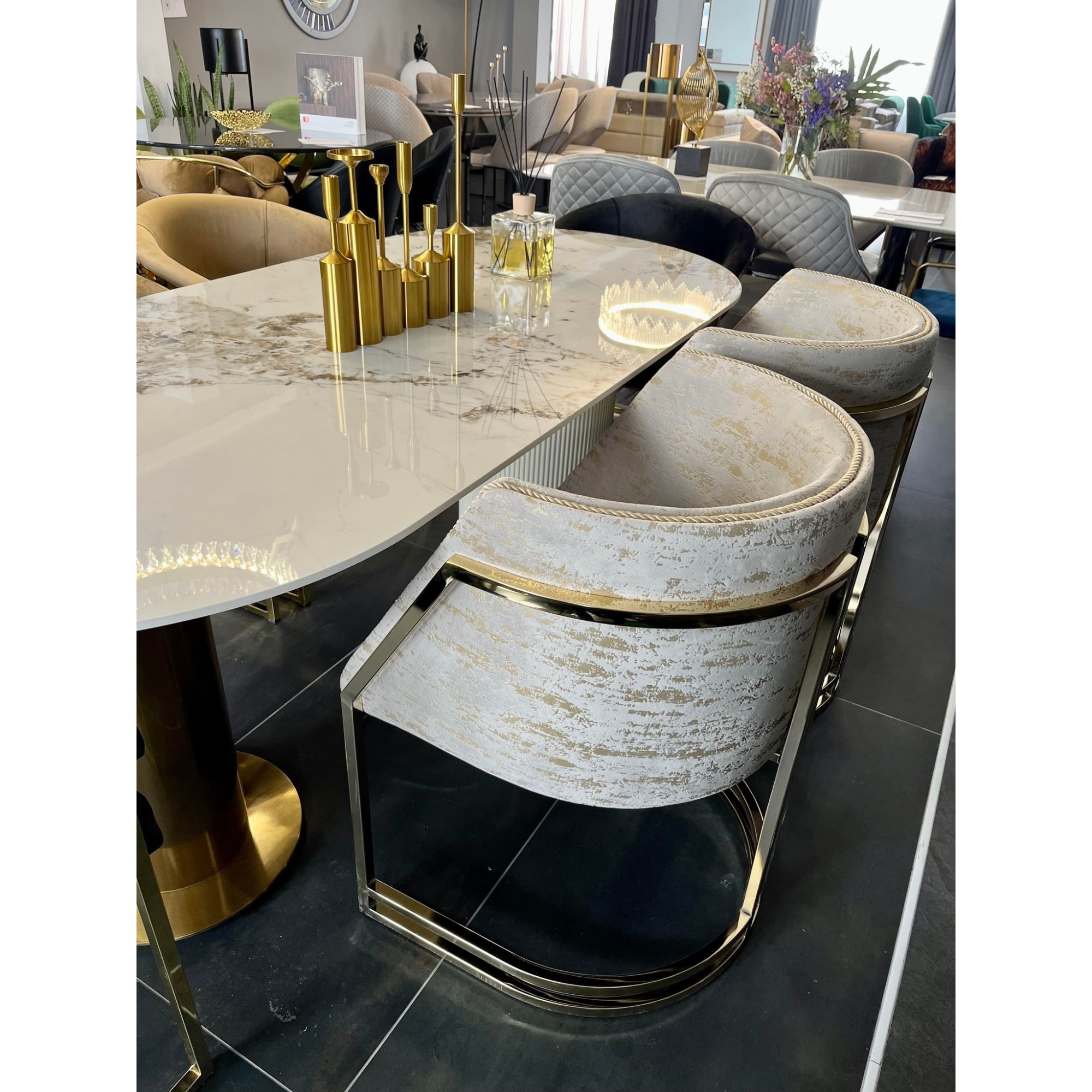 Set 6 scaune dining/bucatarie Ruby, cadru din otel inoxidabil aurii ...