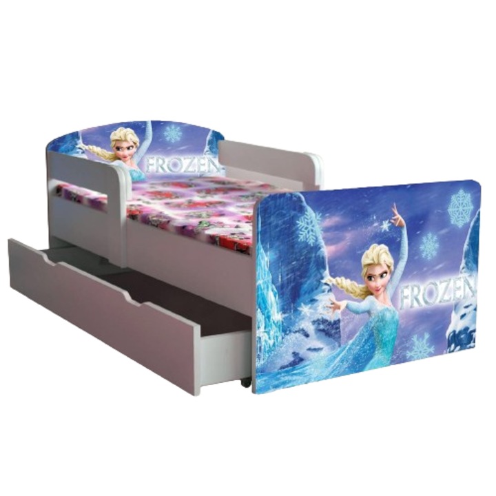 Pat pentru copii Elsa Frozen cu sertar, 144x76 cm, saltea inclusa - eMAG.ro