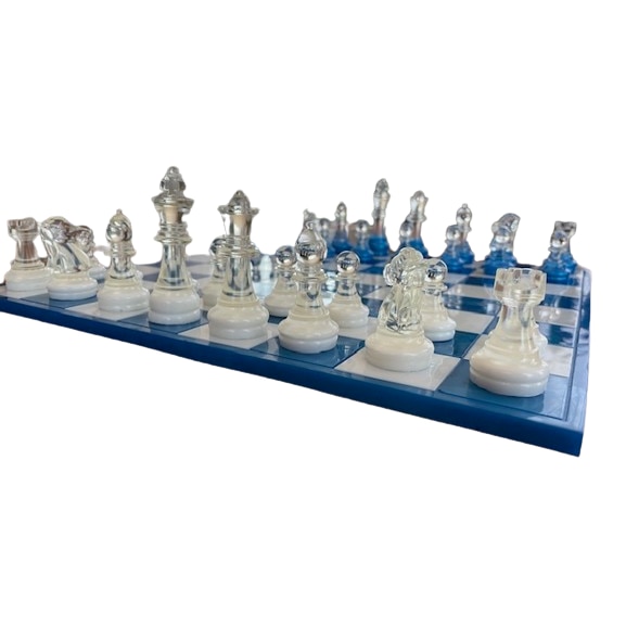 Set Tabla sah cu 32 piese, handmade, din rasina epoxidica, Albastru cu ...