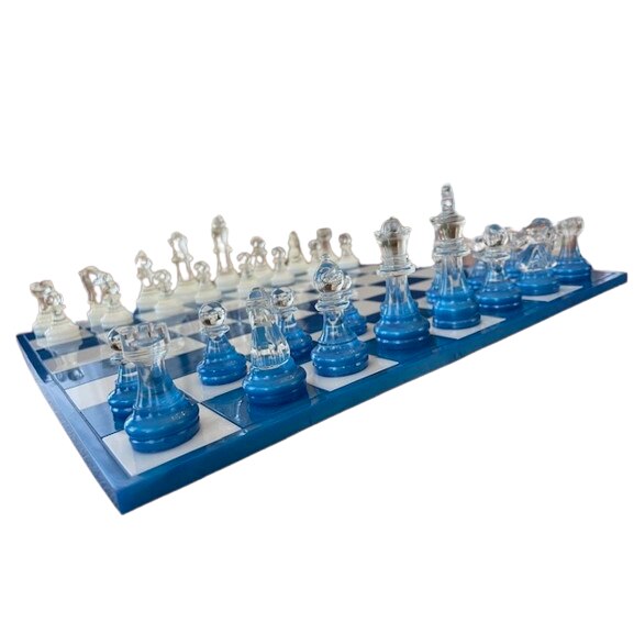 Set Tabla sah cu 32 piese, handmade, din rasina epoxidica, Albastru cu ...