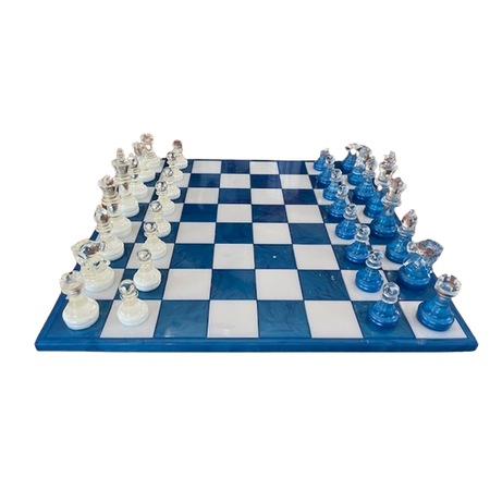 Set Tabla sah cu 32 piese, handmade, din rasina epoxidica, Albastru cu ...
