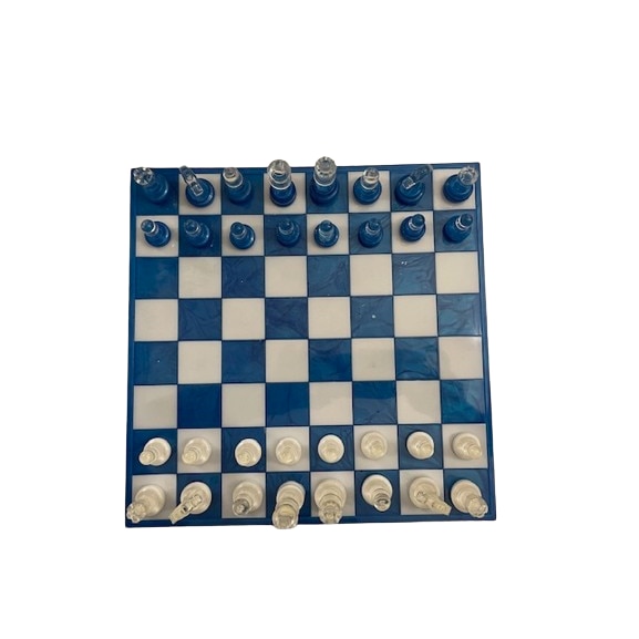 Set Tabla sah cu 32 piese, handmade, din rasina epoxidica, Albastru cu ...