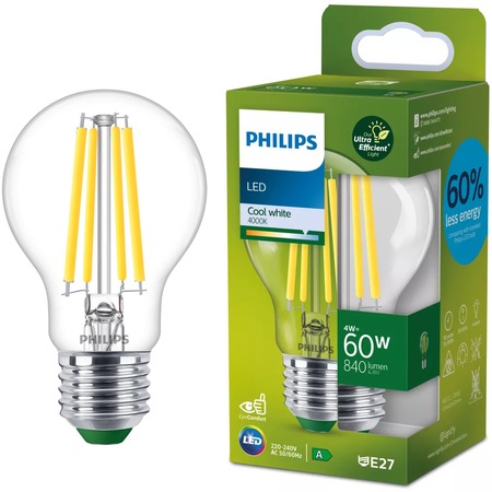Bec LED Philips A60, E27, 4W (60W), 840 lm, temperatura lumina alba ...