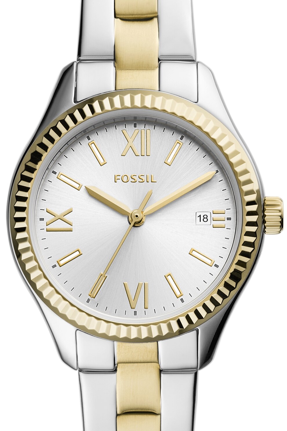 Fossil, Двуцветен часовник от неръждаема стомана, Сребрист, Златист ...
