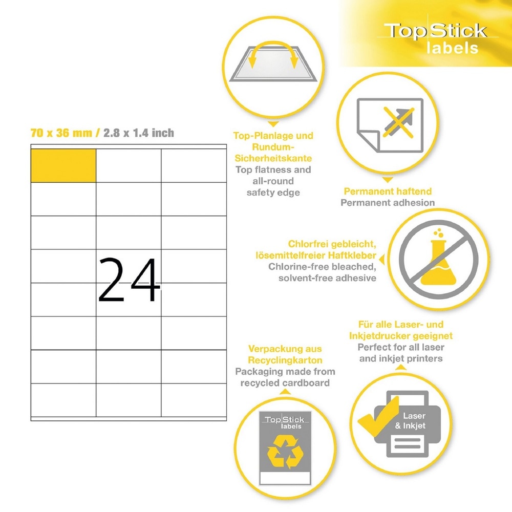 Бели самозалепващи етикети, 24/А4, 70х36 мм, 100 листа, Top Stick ...