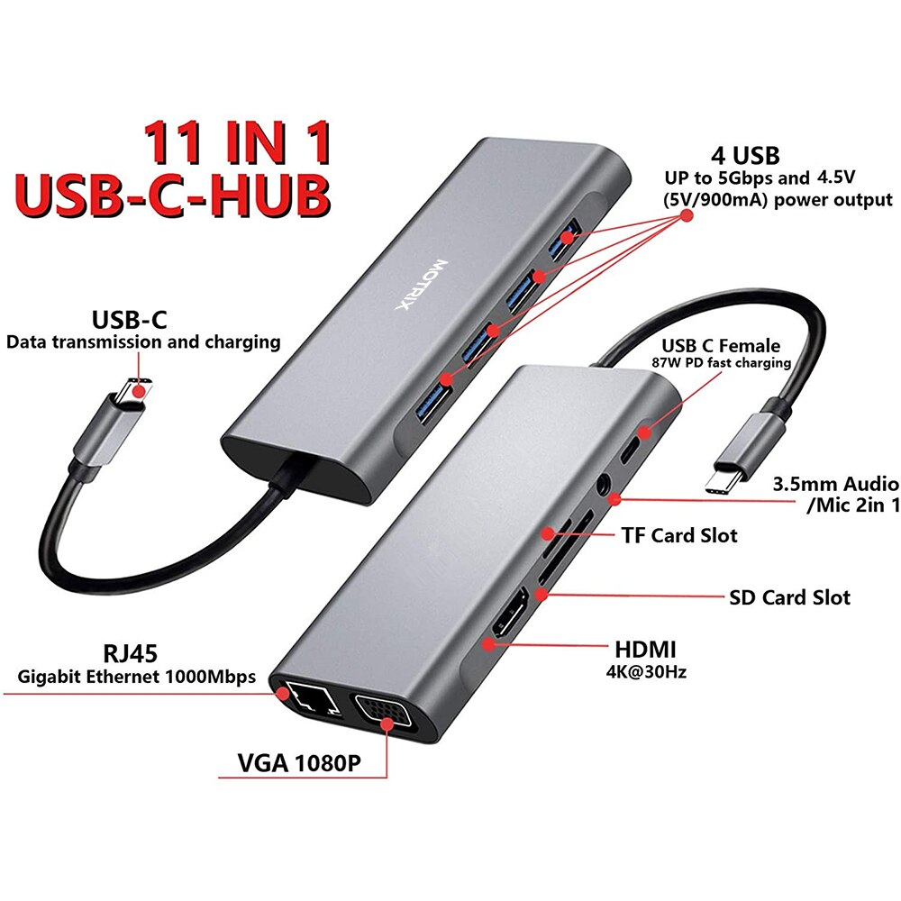 Hub adaptor Motrix USB Type-C la 4xUSB3.0, 1xVGA, 1xGigabit Ethernet ...