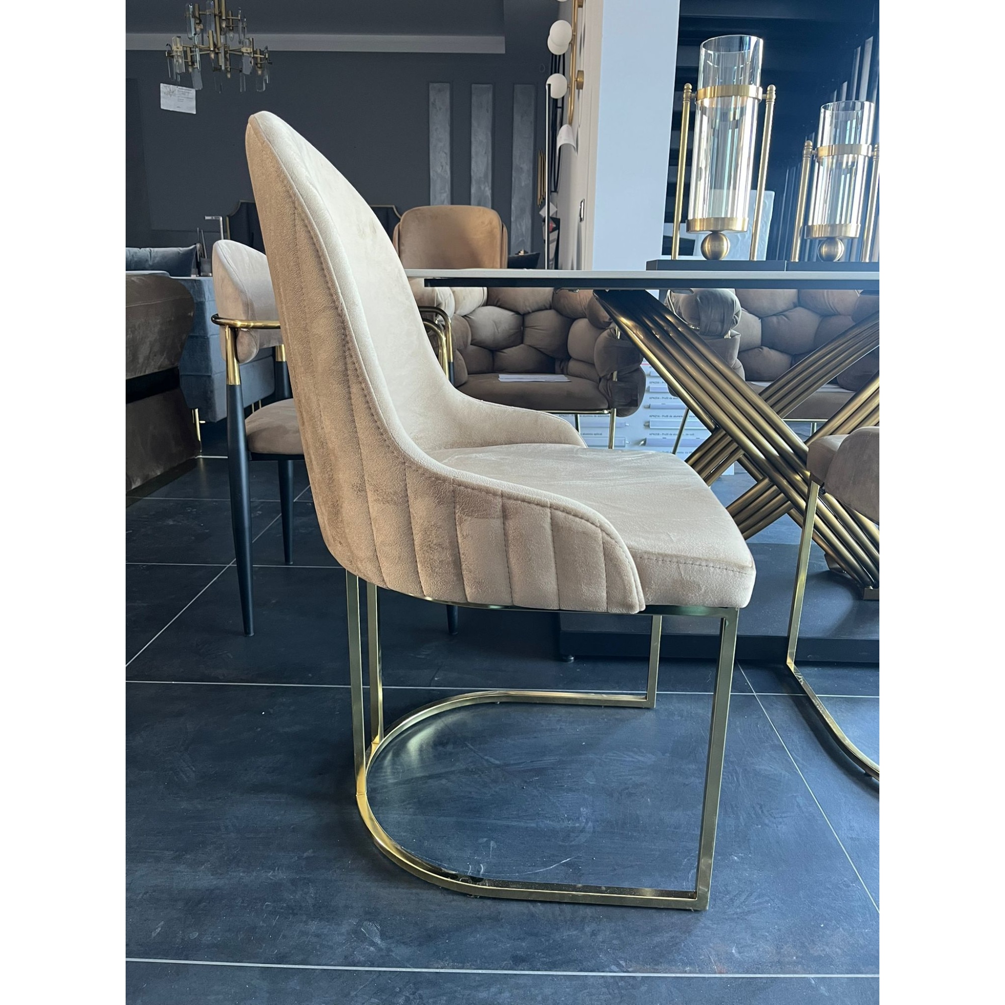 Set 6 scaune dining/bucatarie Sazili Beige, cadru din otel inoxidabil ...