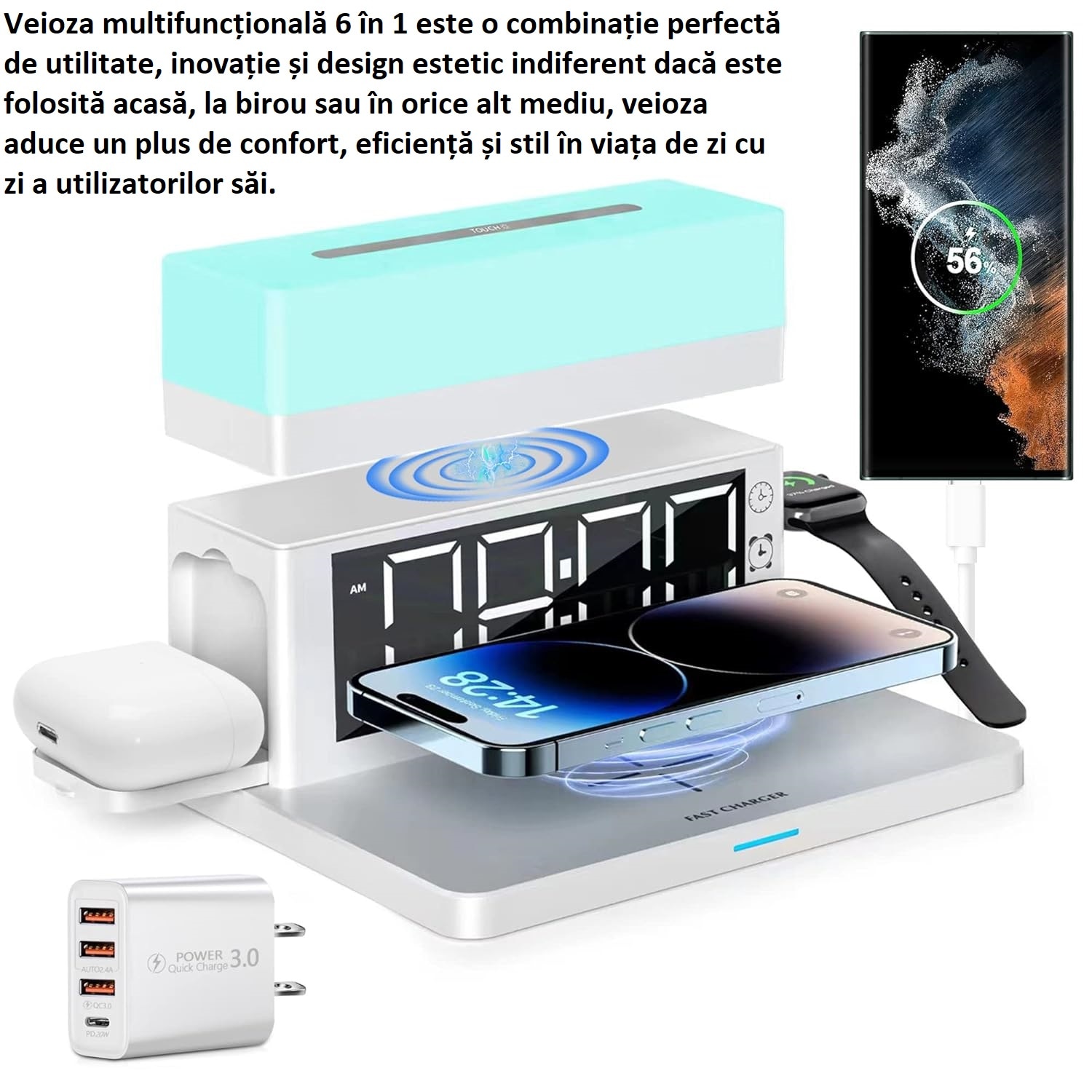 Veioza, incarcator fara fir cu ceas si alarma 6 in 1, lumina de veghe ...