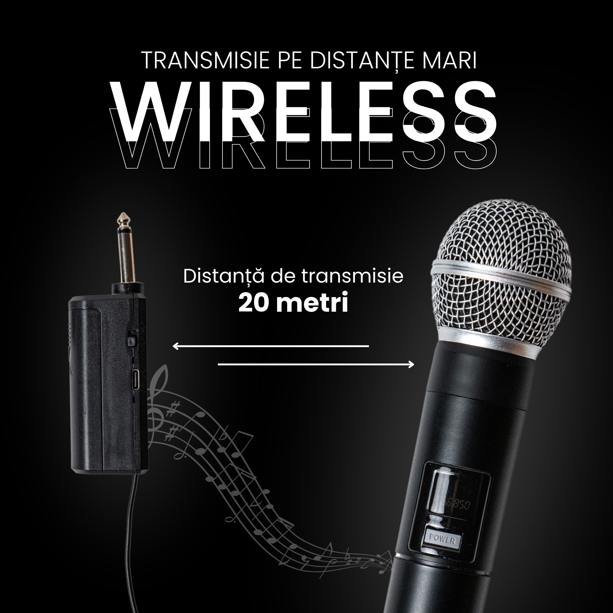 Microfon Wireless VENTART, cu Receiver Jack 6,35mm, Baterie ...