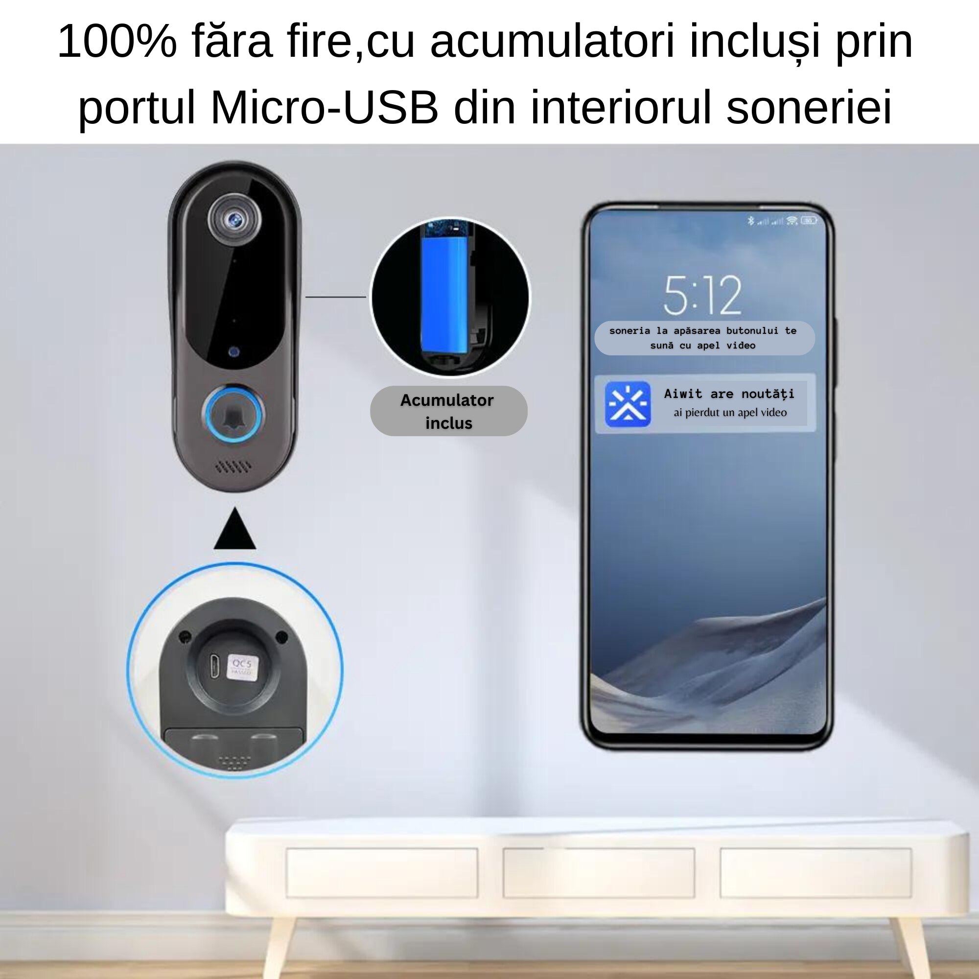 Sonerie Fara Fir Wireless KATLION, cu camera video call, Impermeabil in ...