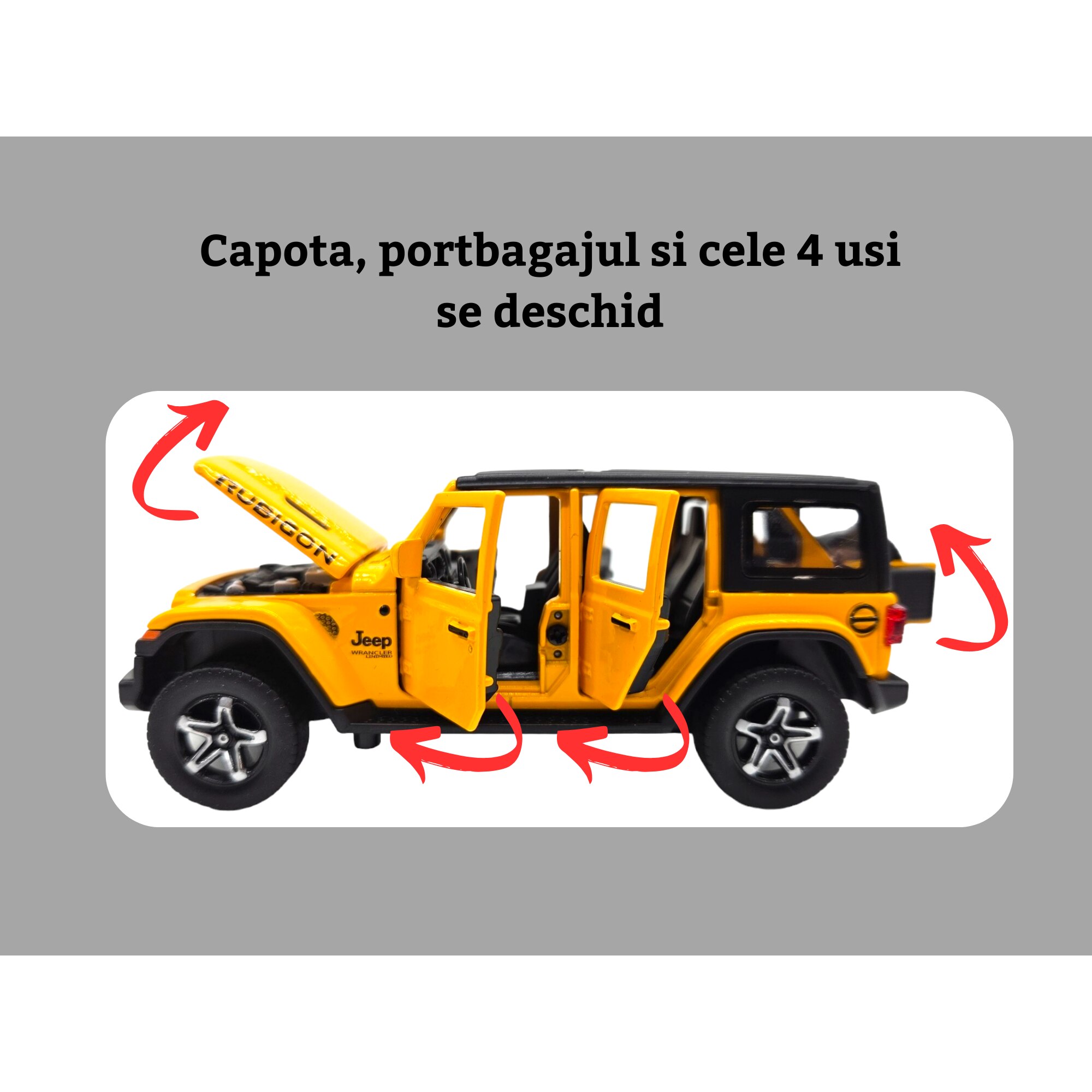 Masina metalica tip Jeep Rubicon, cu sunete si lumini, usi capota si ...