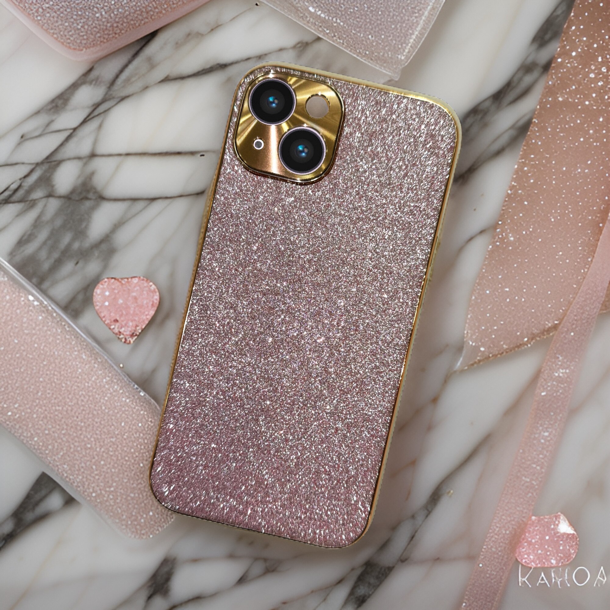 Husa stralucitoare cu margini aurii, Compatibila iPhone 13, Roz - eMAG.ro