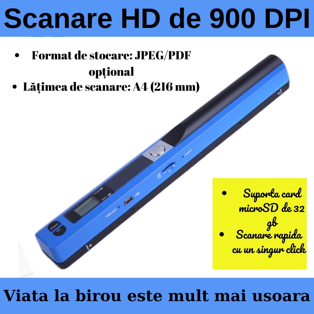 Scanner Portabil Mini, Ecran LCD, Format JPG/PDF, Tip A4, Rezolutie ...