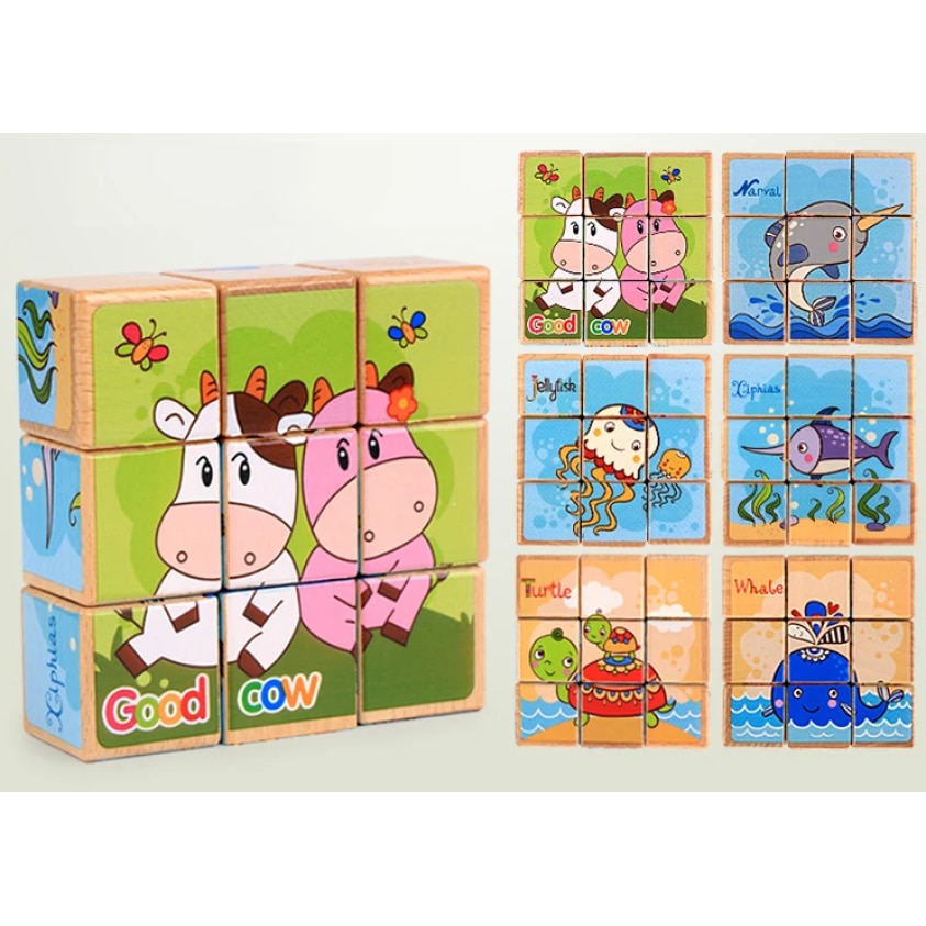 Set cuburi de constructie din lemn Ælements®, contine puzzle 6 in 1 din ...