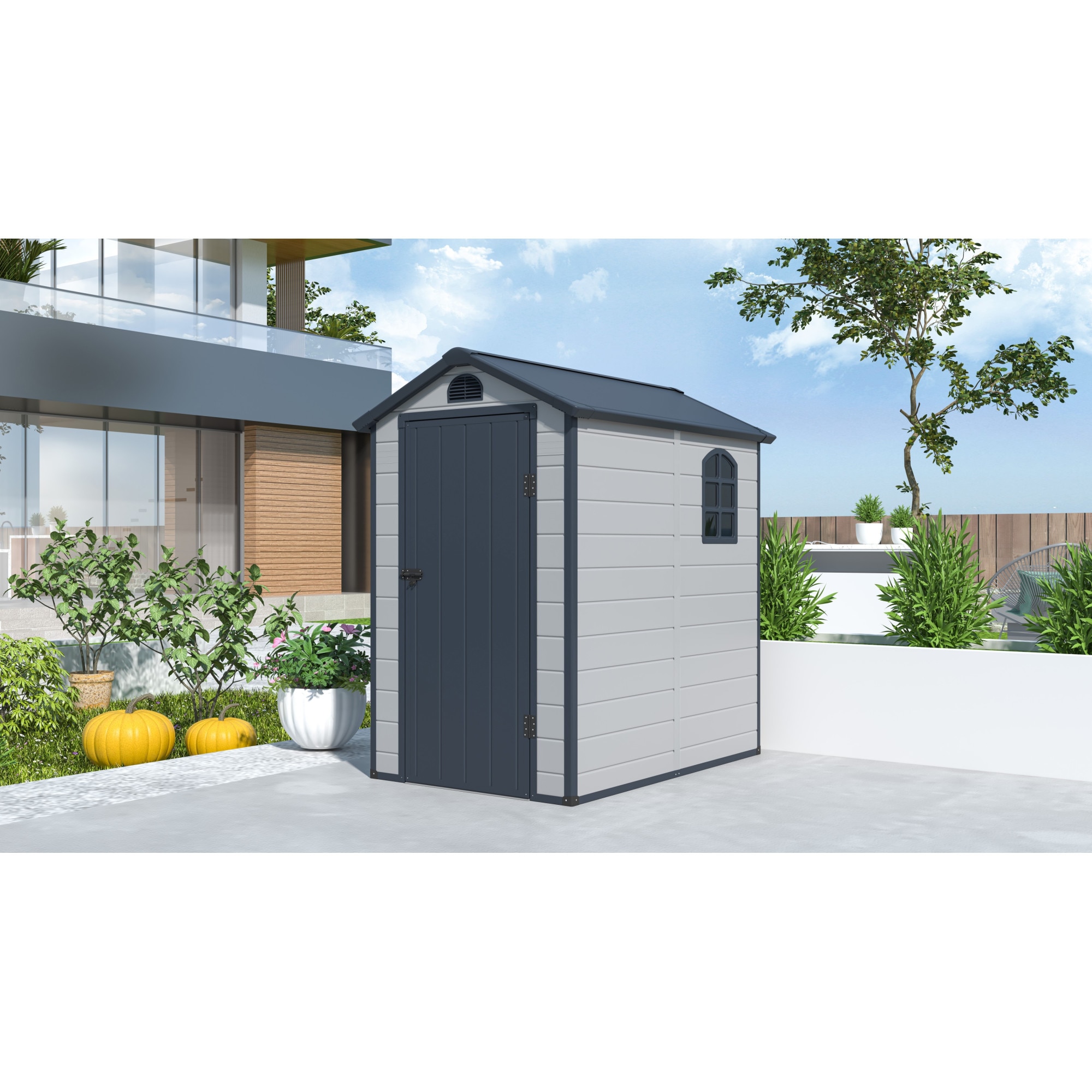 Casuta de gradina Qdecor 134x192x204, PVC, Gri Deschis - eMAG.ro