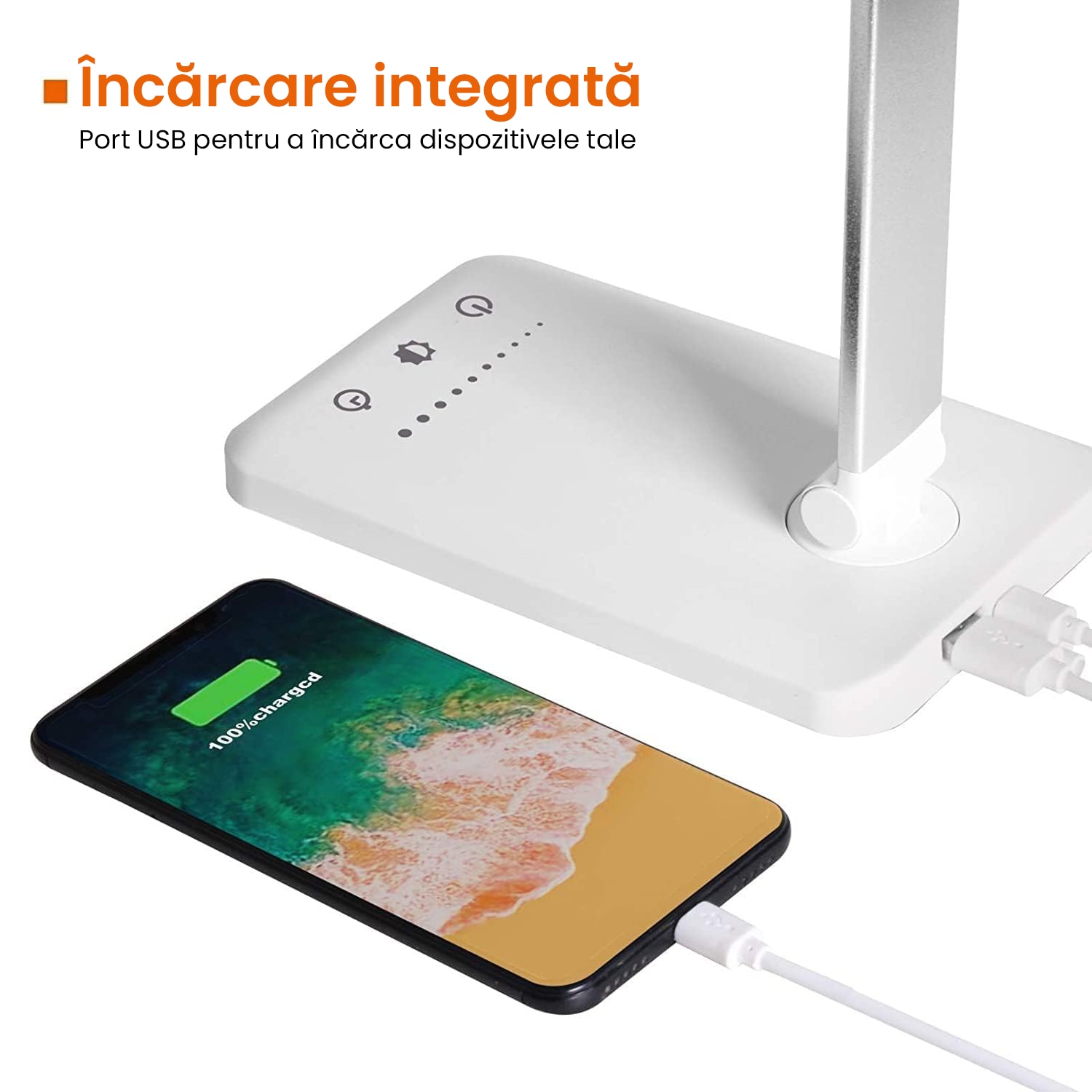 Lampa LED de birou cu incarcator wireless, reglabila, cu port USB de ...