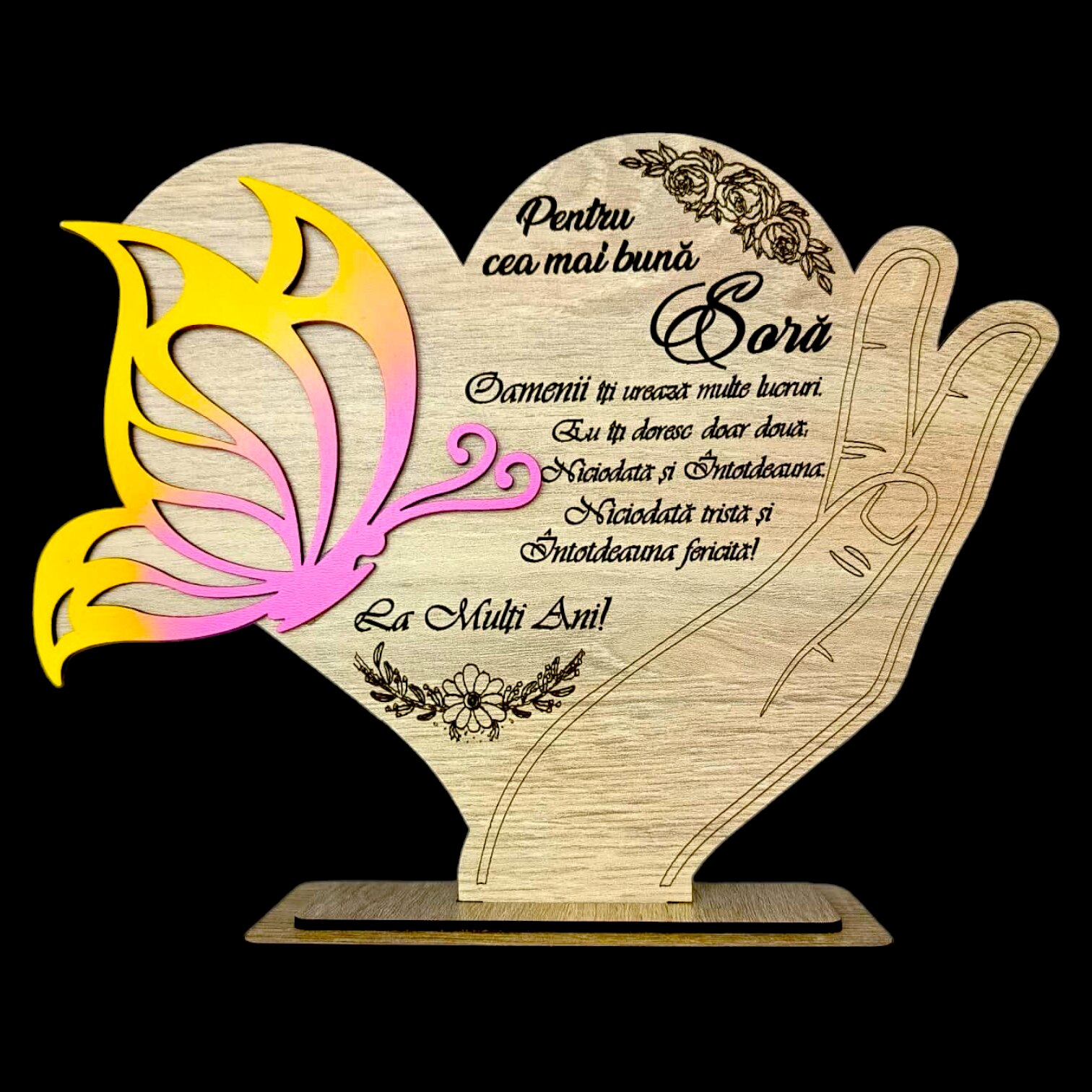 Decoratiune tablou inima cu fluture, personalizat cu mesaj standard ...