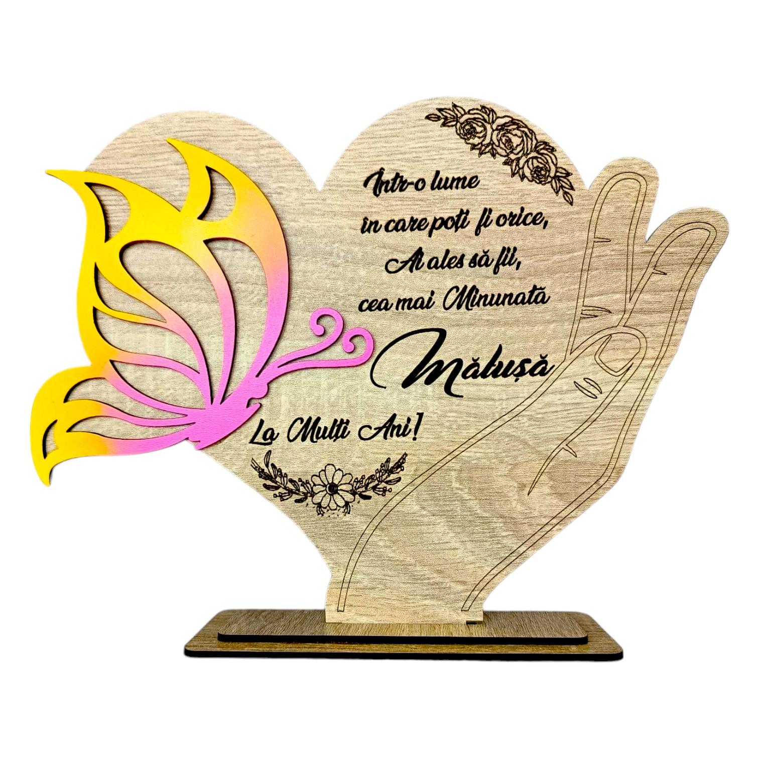 Decoratiune tablou inima cu fluture, personalizat cu mesaj standard ...