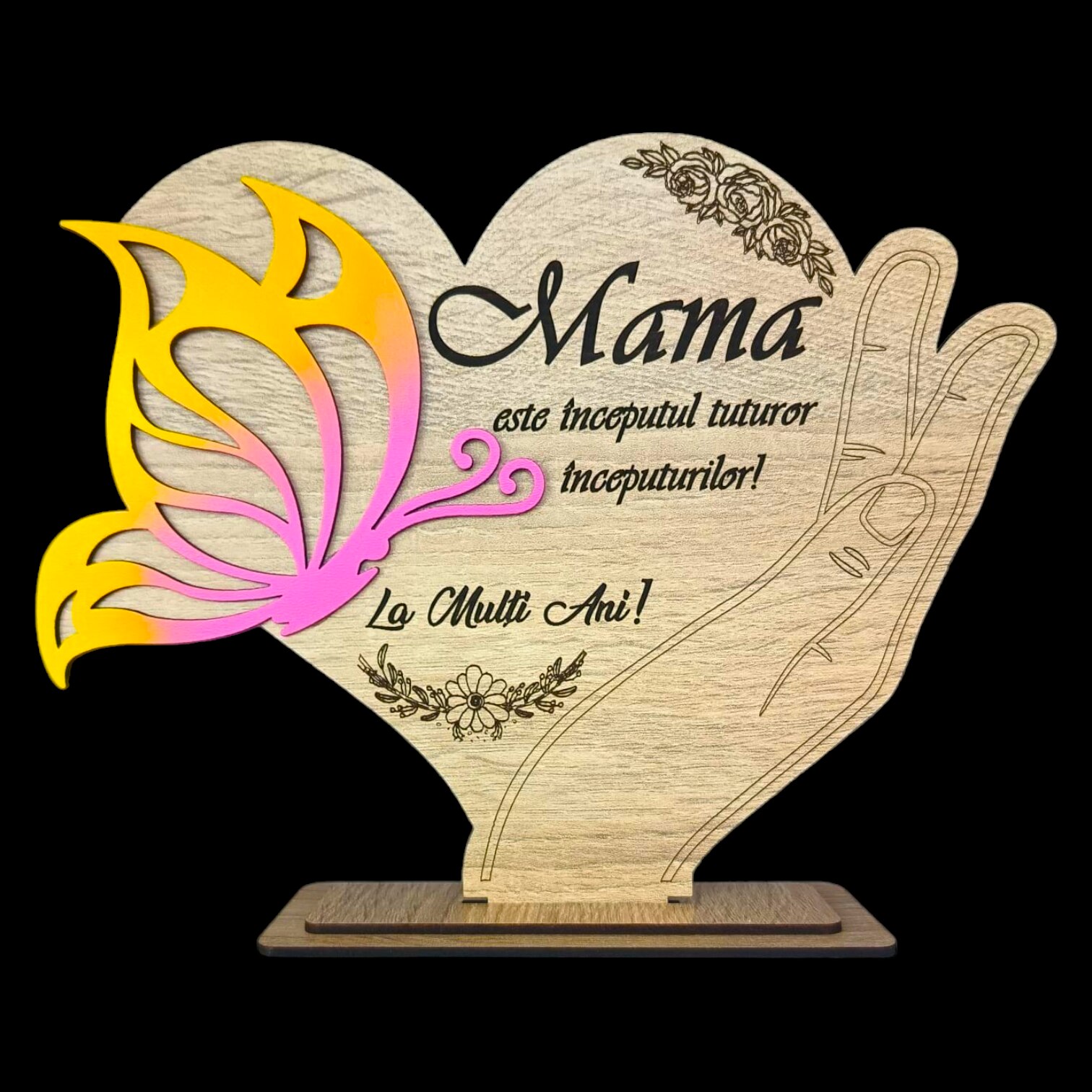 Decoratiune tablou inima cu fluture, personalizat cu mesaj standard ...