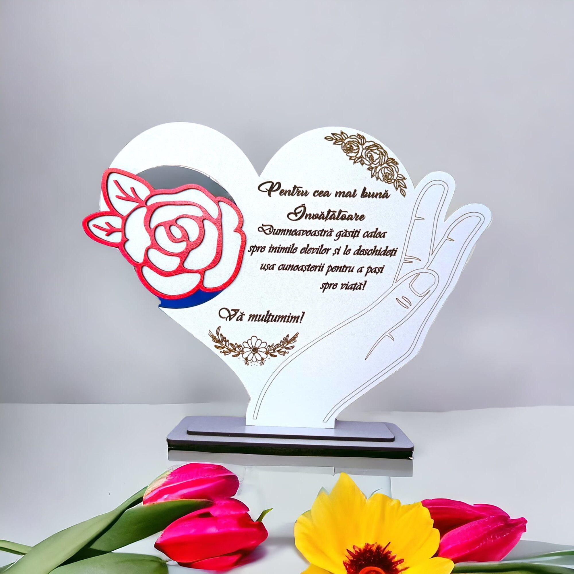 Decoratiune tablou inima cu trandafir, personalizat cu mesaj standard ...