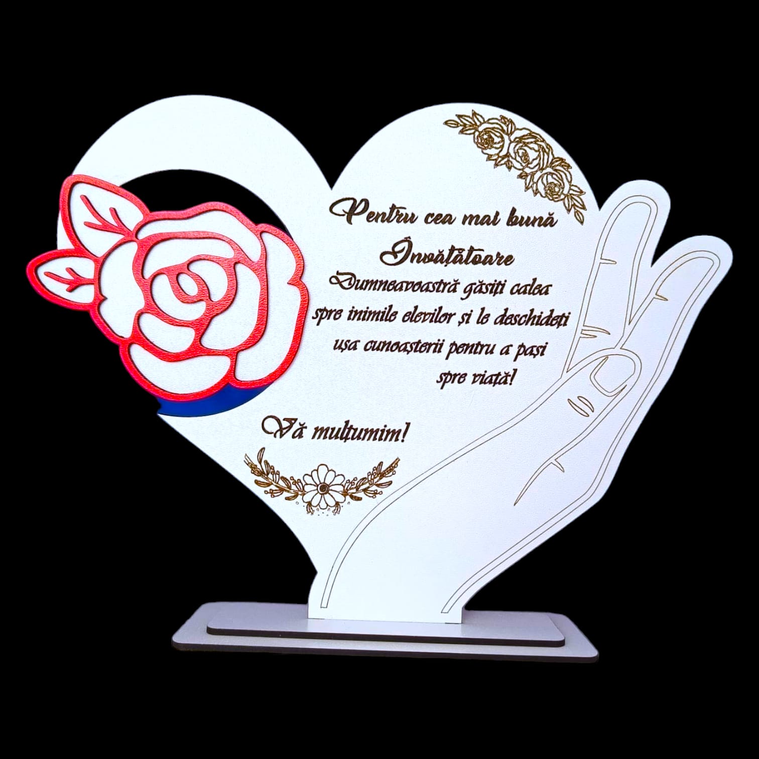 Decoratiune tablou inima cu trandafir, personalizat cu mesaj standard ...