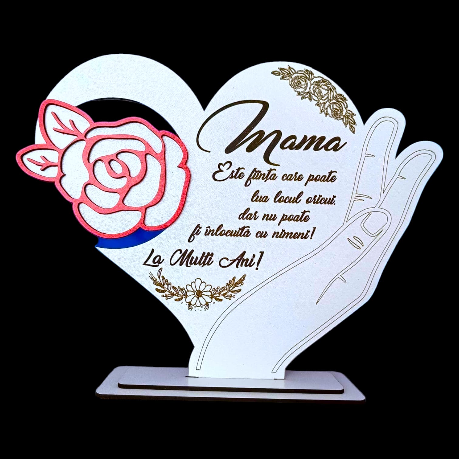 Decoratiune tablou inima cu trandafir, personalizat cu mesaj standard ...