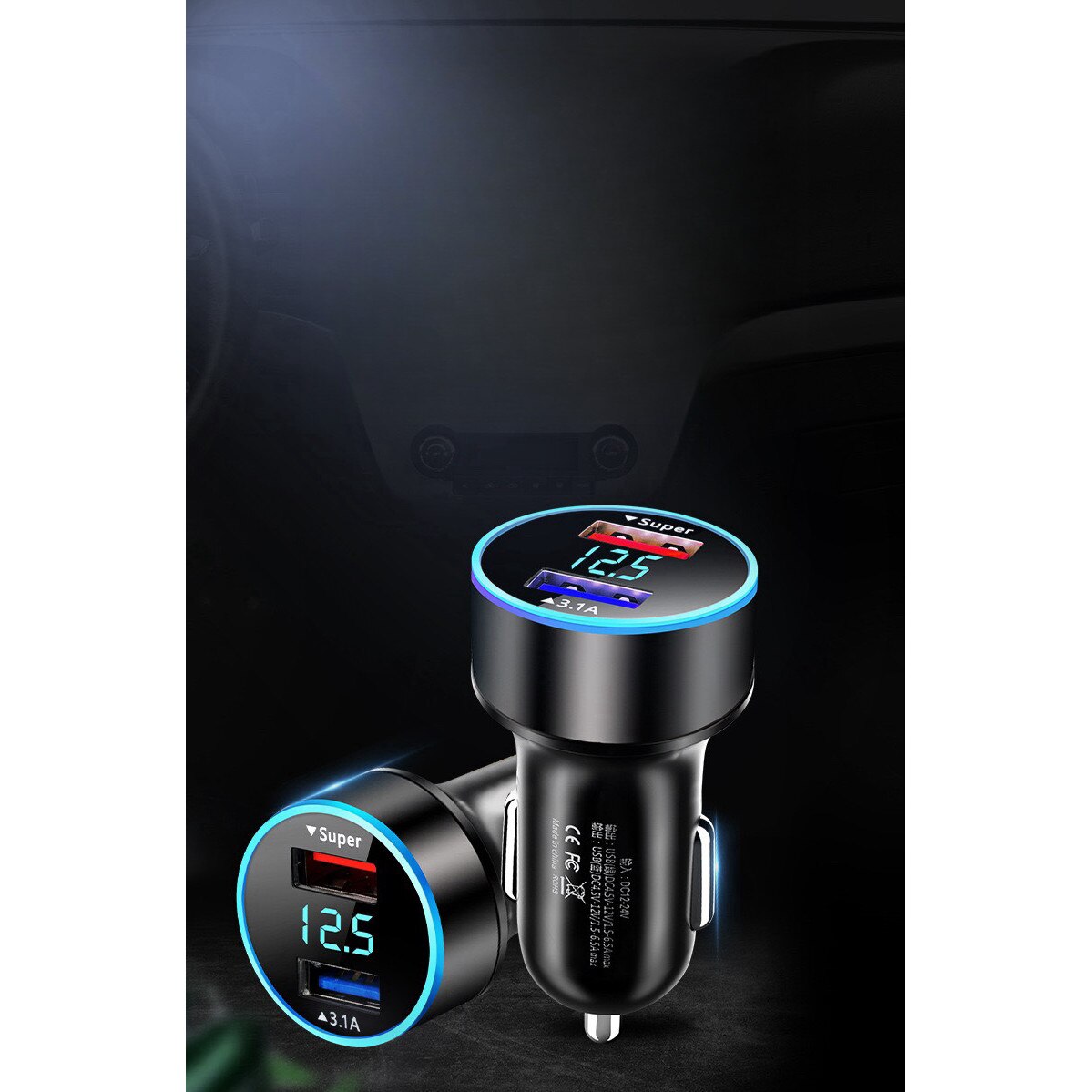 Incarcator auto pentru telefon, USB, 66W, LED, Negru - eMAG.ro