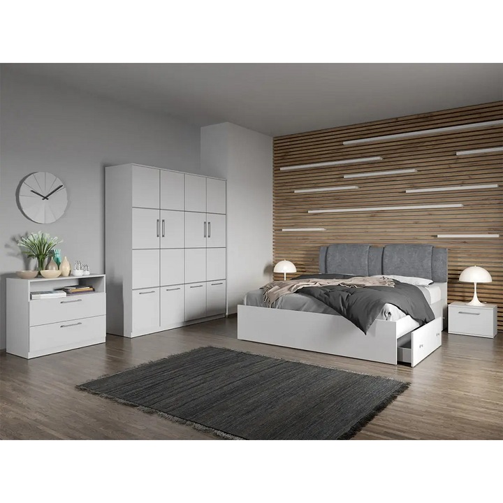 Set dormitor complet, Alb cu comoda, Acapulco, C6, Pat 2 sertare, Dulap ...