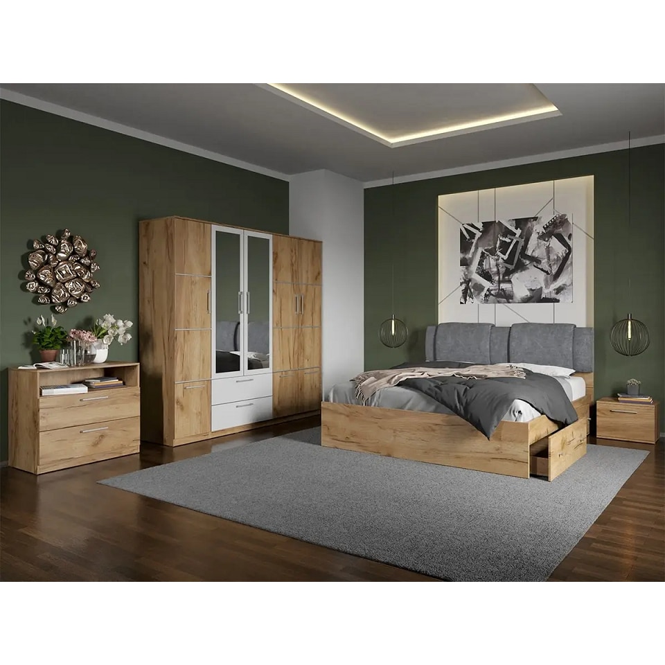 Set dormitor complet, Stejar Auriu cu comoda, Acapulco, C32, Pat 2 ...