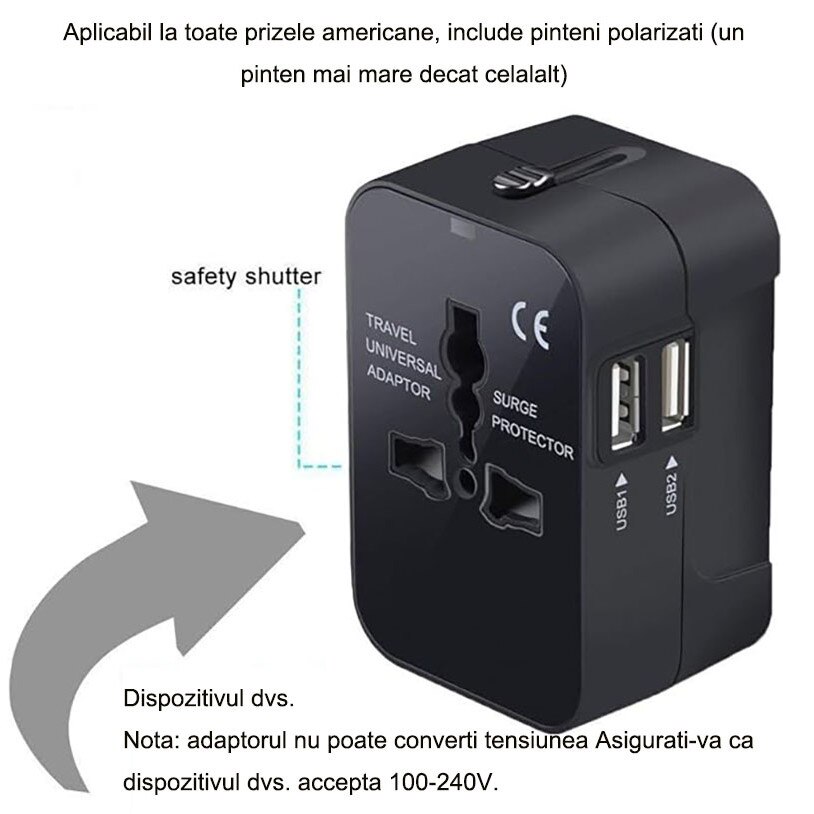 Adaptor universal priza, Policarbonat, Europa/SUA/UK/Australia, 2 USB ...