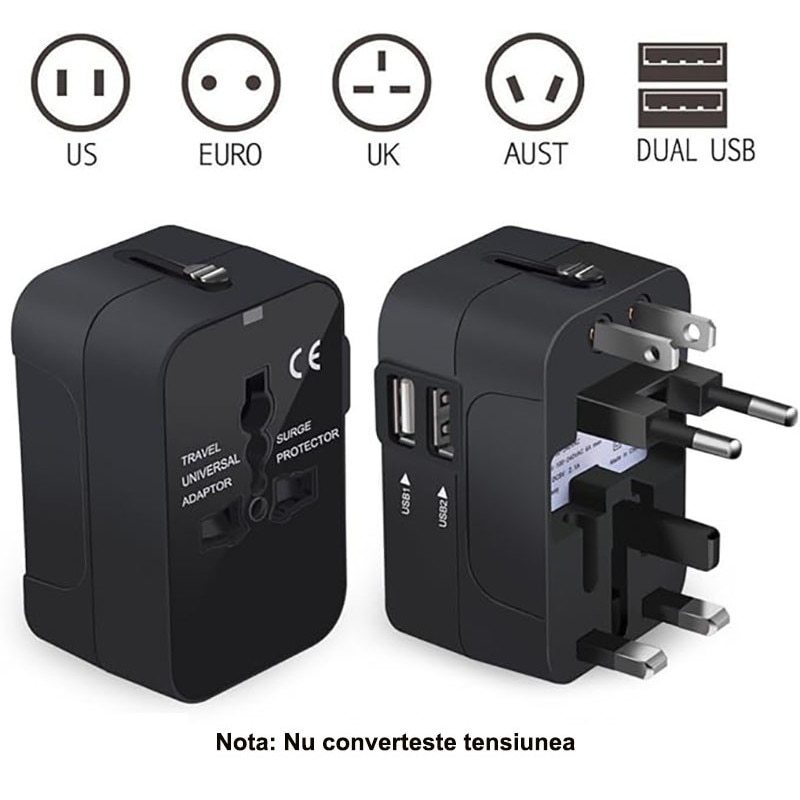 Adaptor universal priza, Policarbonat, Europa/SUA/UK/Australia, 2 USB ...