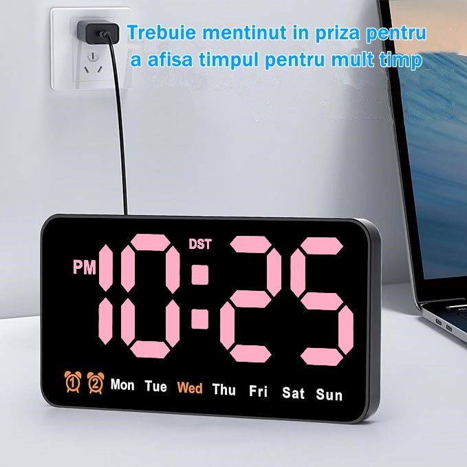 Ceas Digital de Masa si de Perete cu Lumina Led Roz, Alarma, Calendar ...