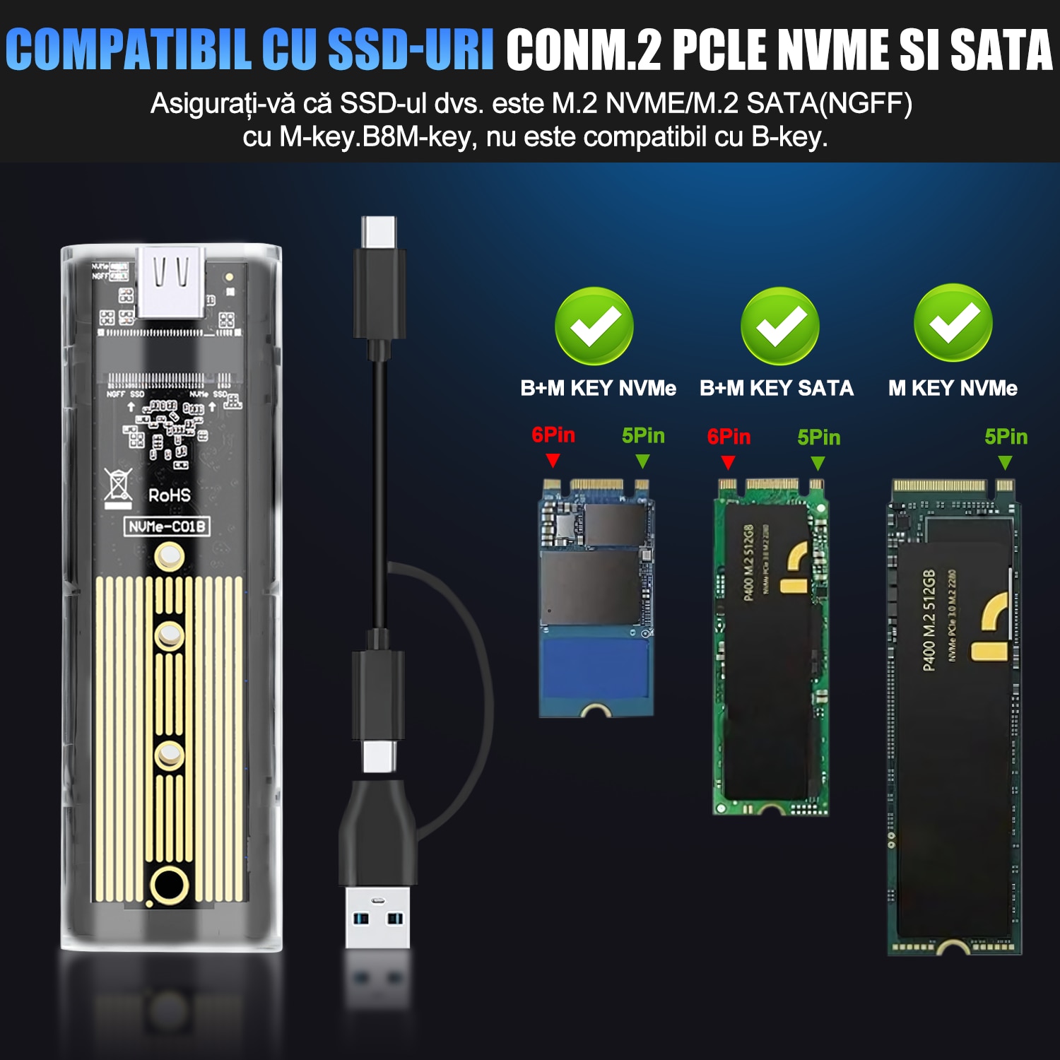 Cutie SSD, portabila, Xinxu, M.2, NVMe/NGFF, USB-A/C, 4TB, Windows, MAC, Linux, Android, USB-A/C ...