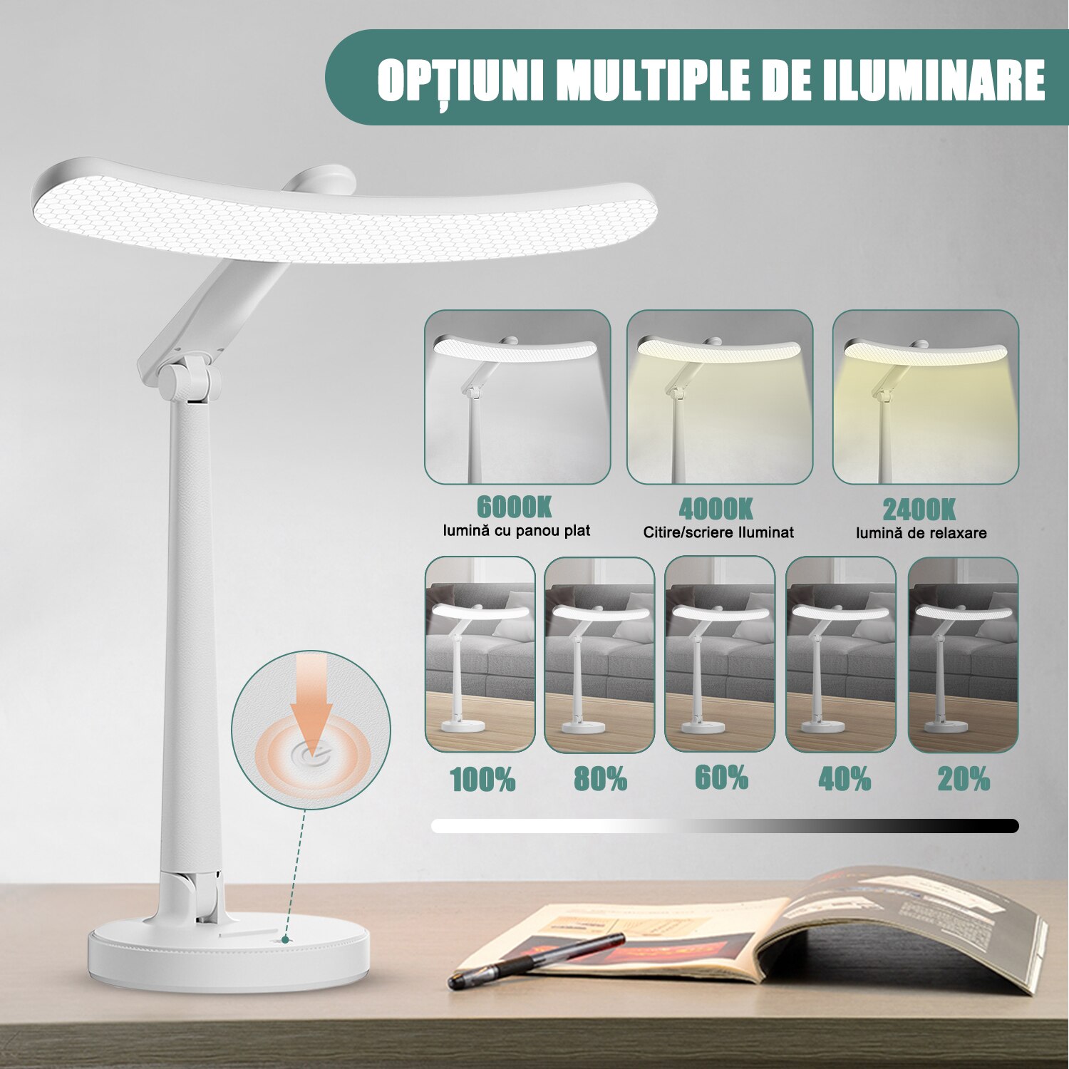 Lampa de birou LED, Xinxu, 12w, 3000k-6000k, 60 Led-uri 1260LM, 3 ...