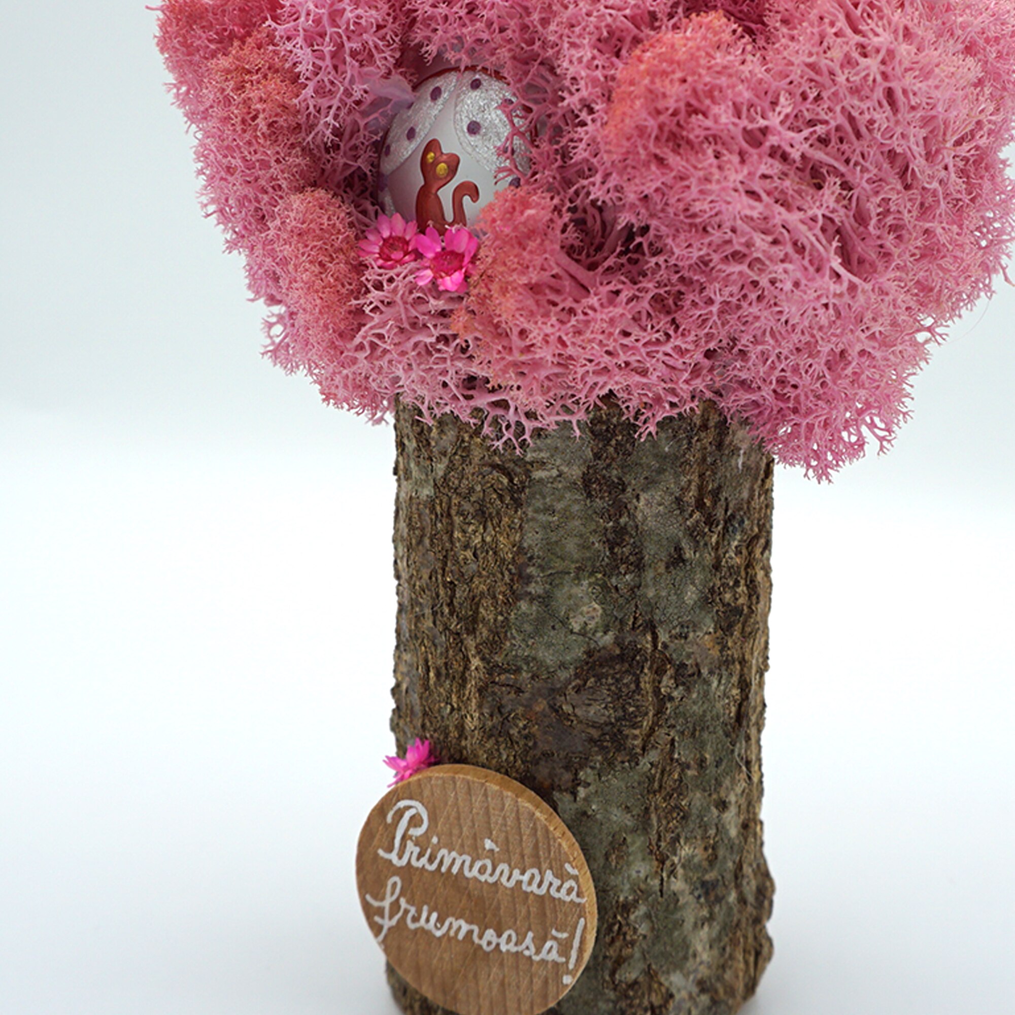 Copacel din licheni stabilizati roz cu pisica rosie, Regalo, 17 cm ...