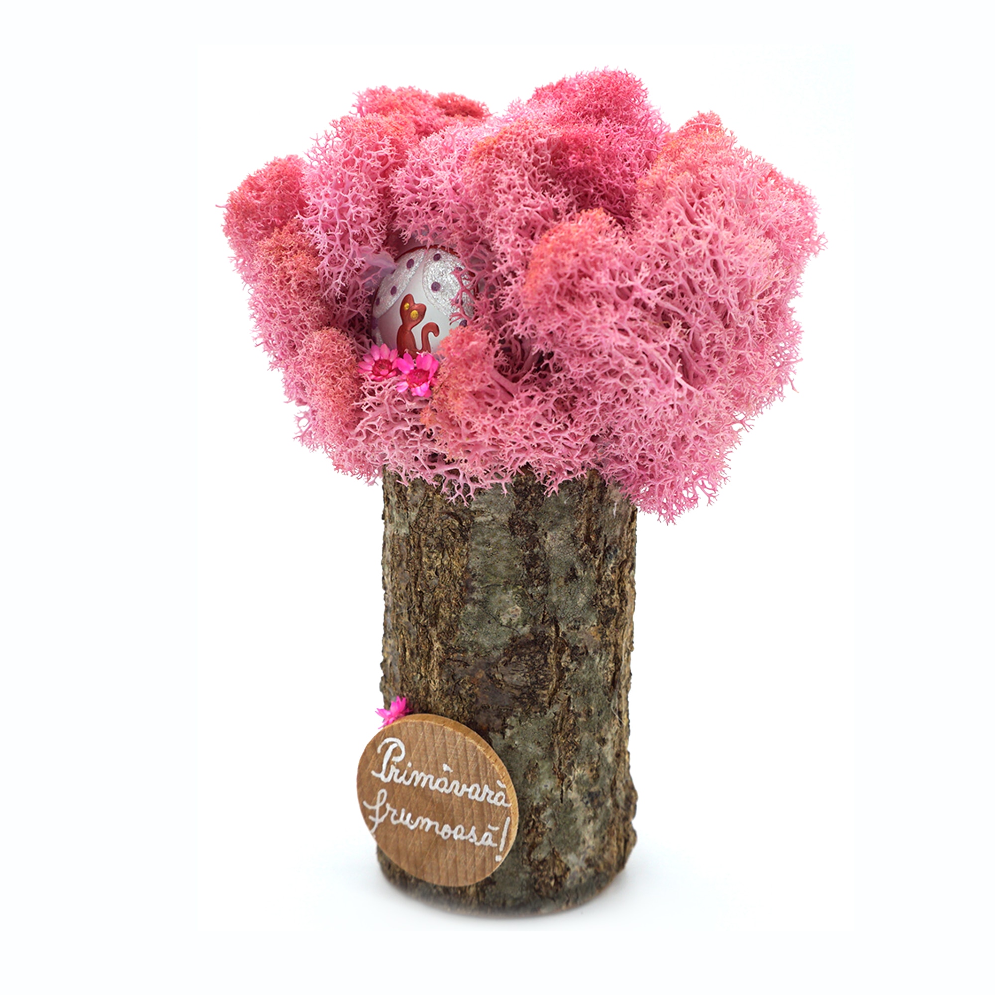 Copacel din licheni stabilizati roz cu pisica rosie, Regalo, 17 cm ...